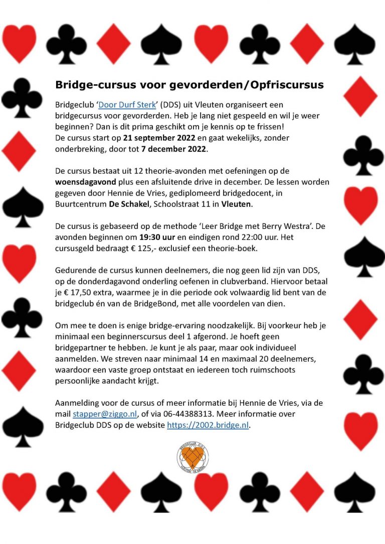 Bridgecursus voor gevorderden/opfriscursus - B.C. Door Durf Sterk